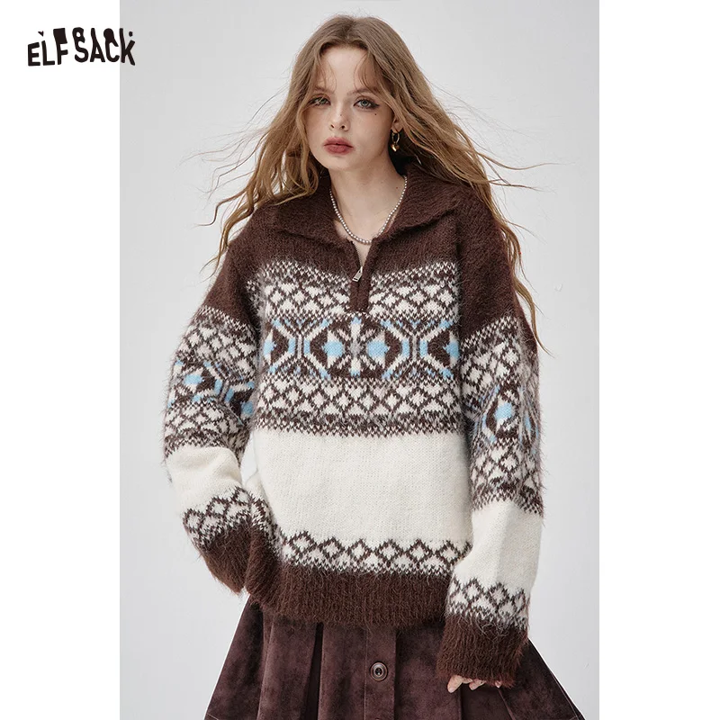 ELFSACK Women's Fair Isle Cardigan High Neck Loose Fit Winter Romantic ...
