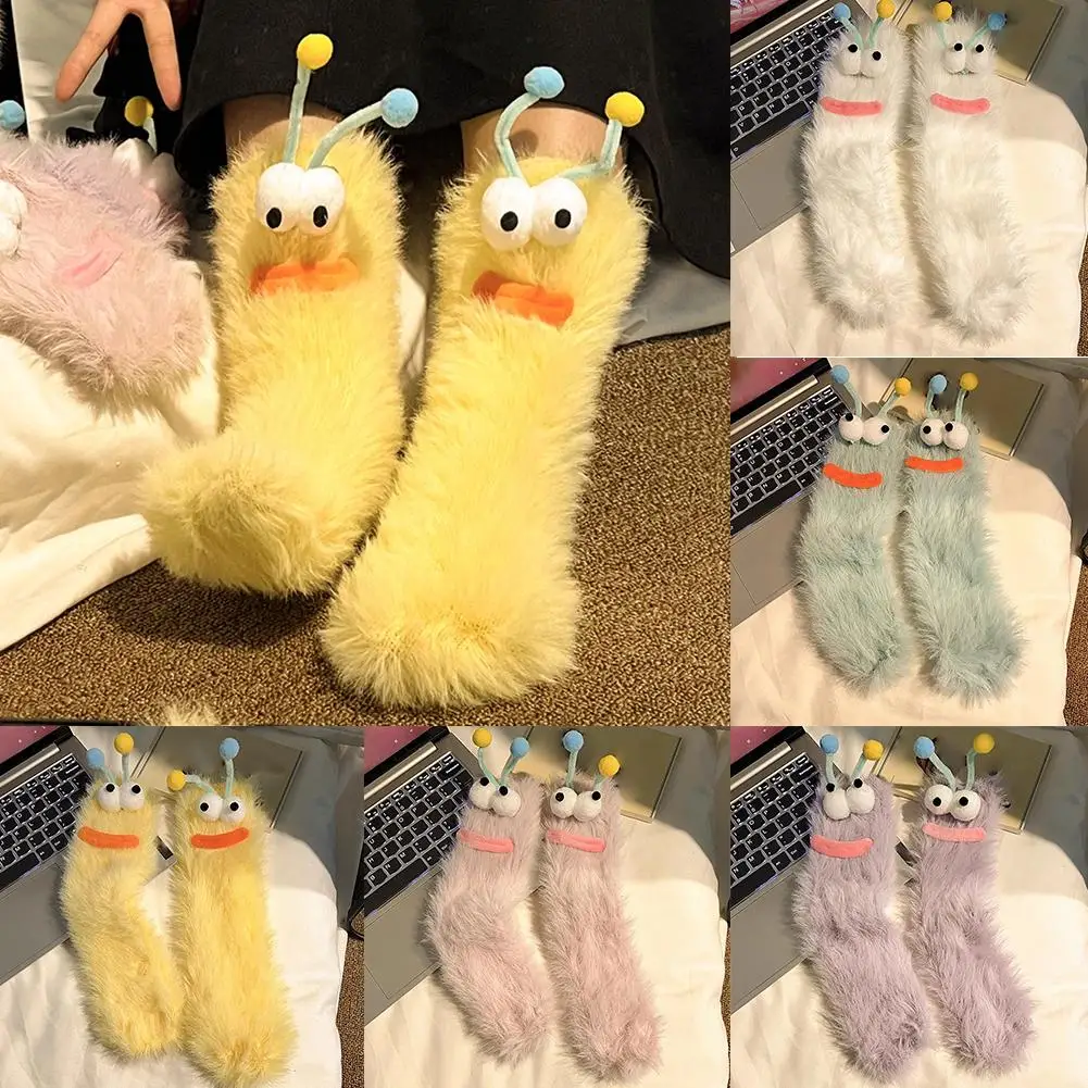 1pairs Funny Ugly Big Eyes Plush Socks For Girls Fuzzy Socks Winter ...
