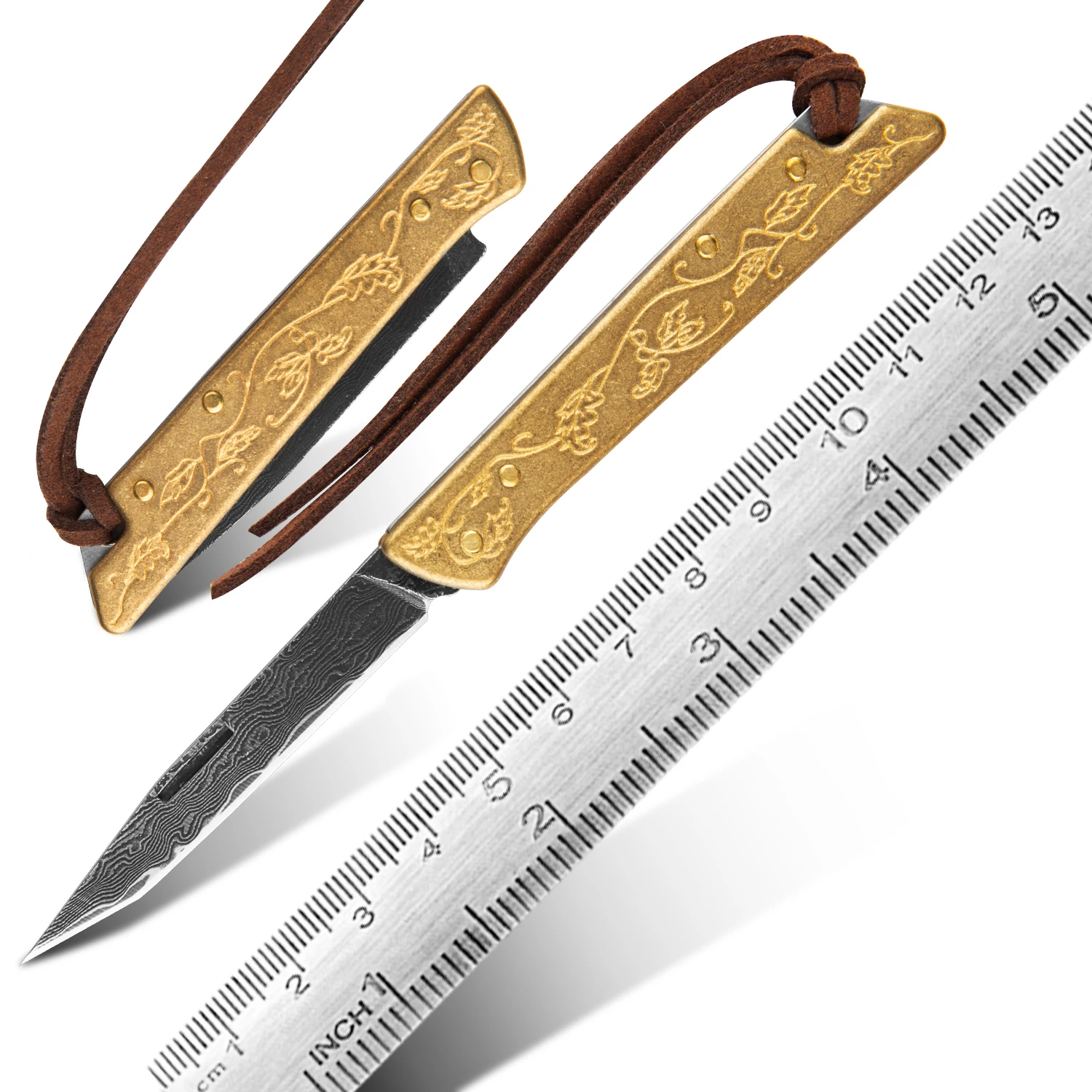 Mini-Keychain-Folding-Knife-Damascus-Steel-Blade-Copper-Carved-Handle ...