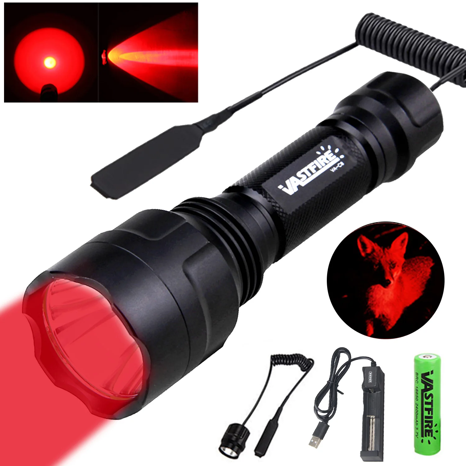 VASTFIRE Powerful 400 Yards Red LED Hunting Flashlight Tactical C8 ...