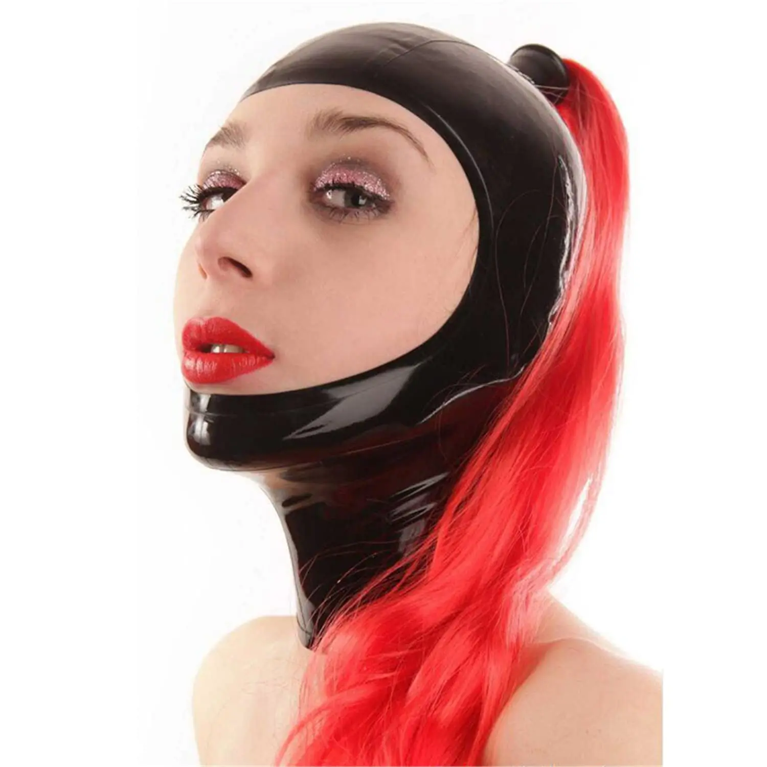 Latex Hood Open Face with Red Ponytail Back Zipper Rubber Mask with Wig ...