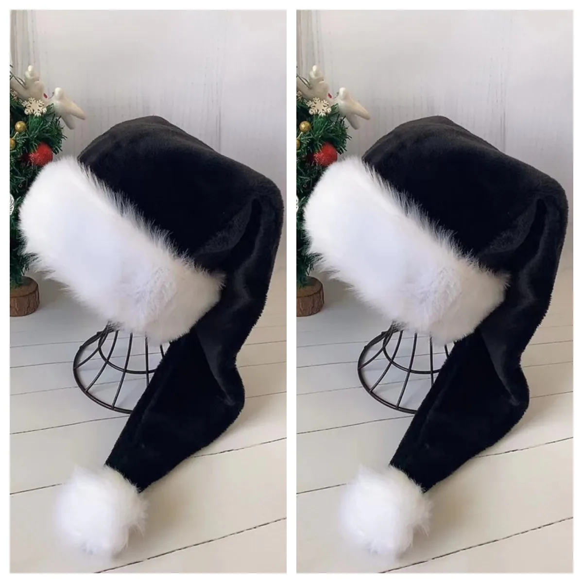 2 pcs Black Santa Hat - Adults Deluxe Black And White Xmas Christmas ...