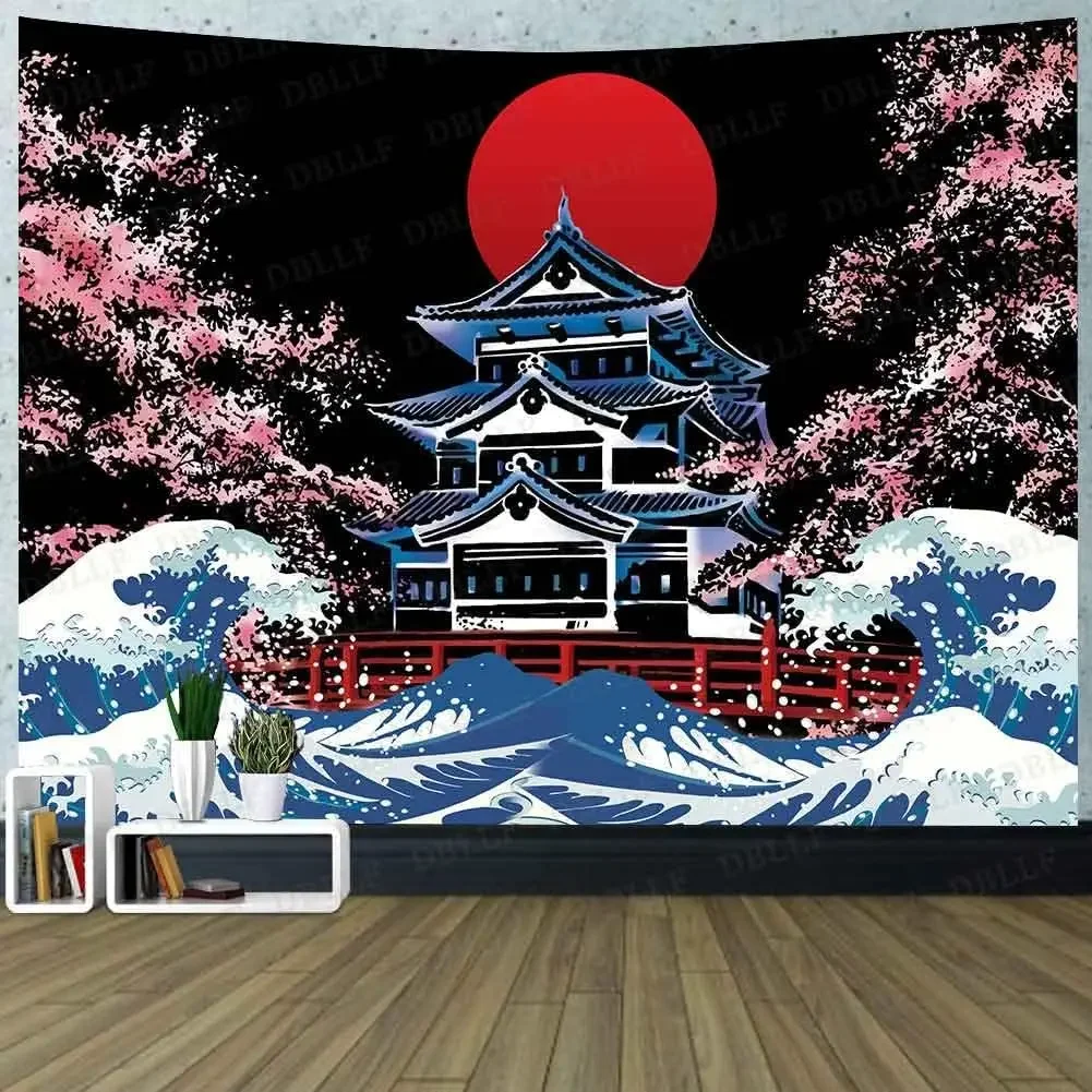 Japanese-Style-Tapestry-Wall-Hanging-Great-Wave-Banner-Background-Tokyo ...