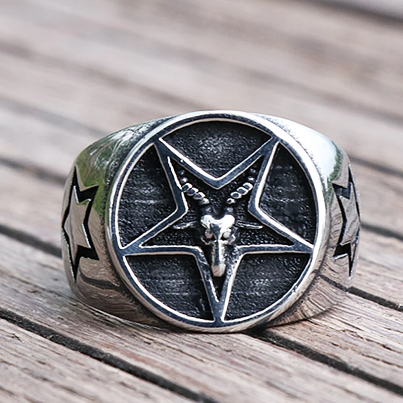 Gothic Goat Pentagram Satanic Signet Ring Mens Stainless Steel Punk ...