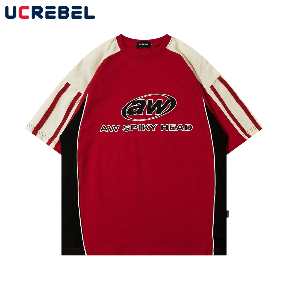 Letter Print Short Sleeve T-shirt Mens Summer Casual Crew Neck Contrast ...