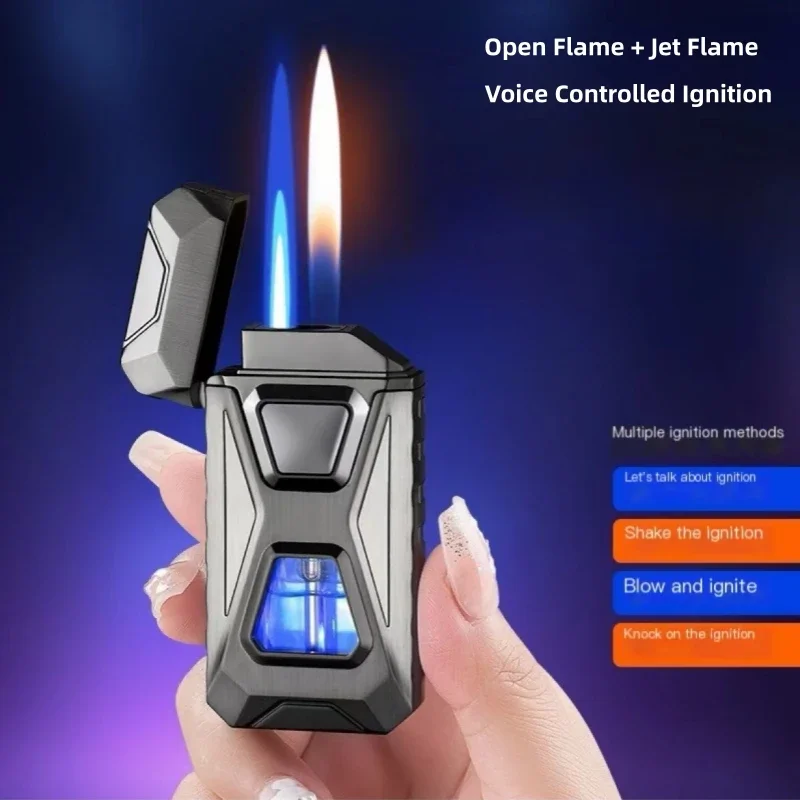 HOT Voice Controlled Ignition Dual Flame Butane Gas Lighter Open Fire ...