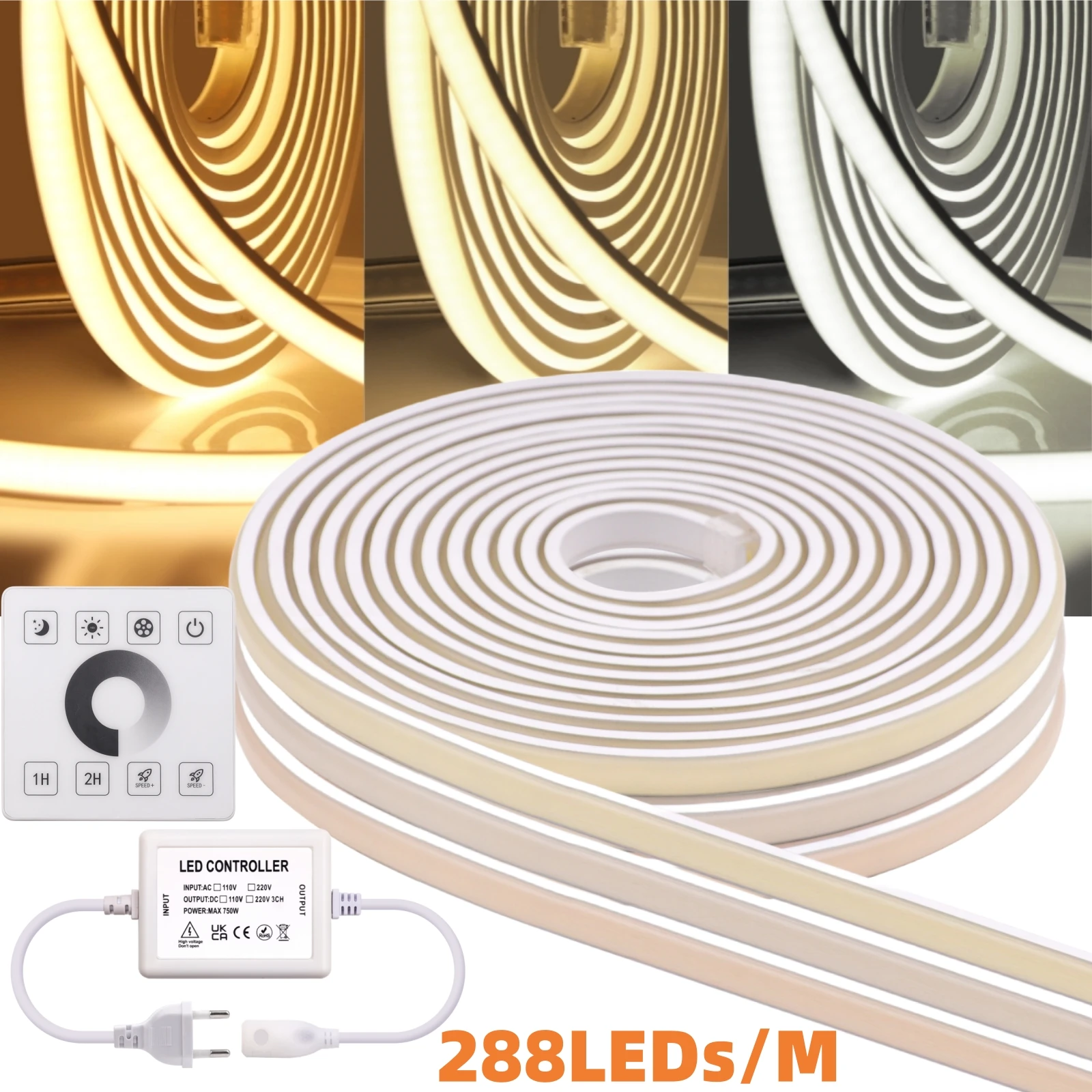 220V-Dimmable-COB-Neon-Strip-25M-288LEDs-M-Soft-Flexible-IP65 ...