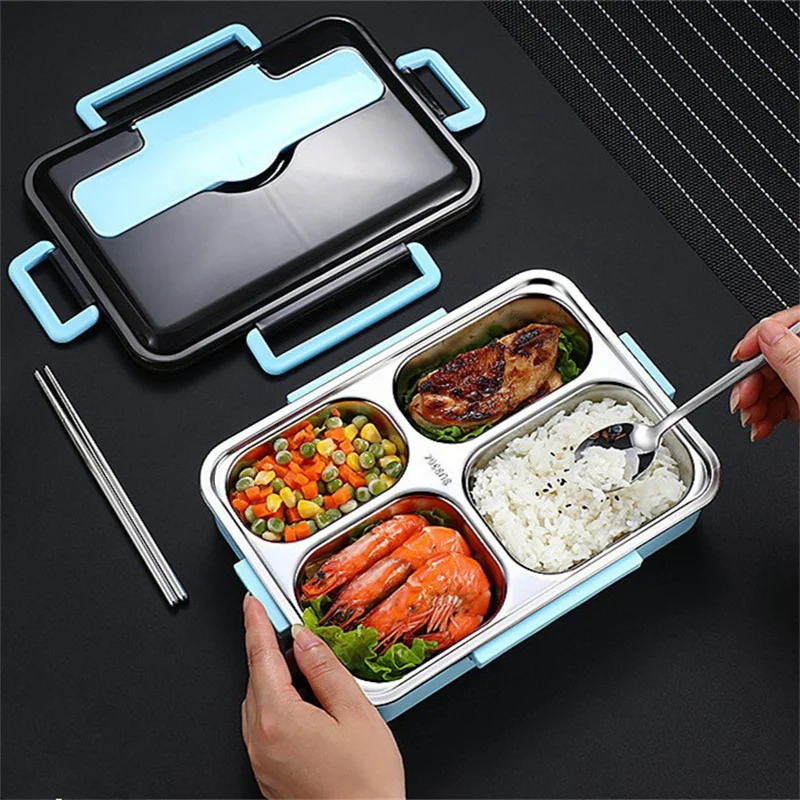 4 Grids Stainless Steel Thermal Bento Lunch Box Leakproof Microwave ...