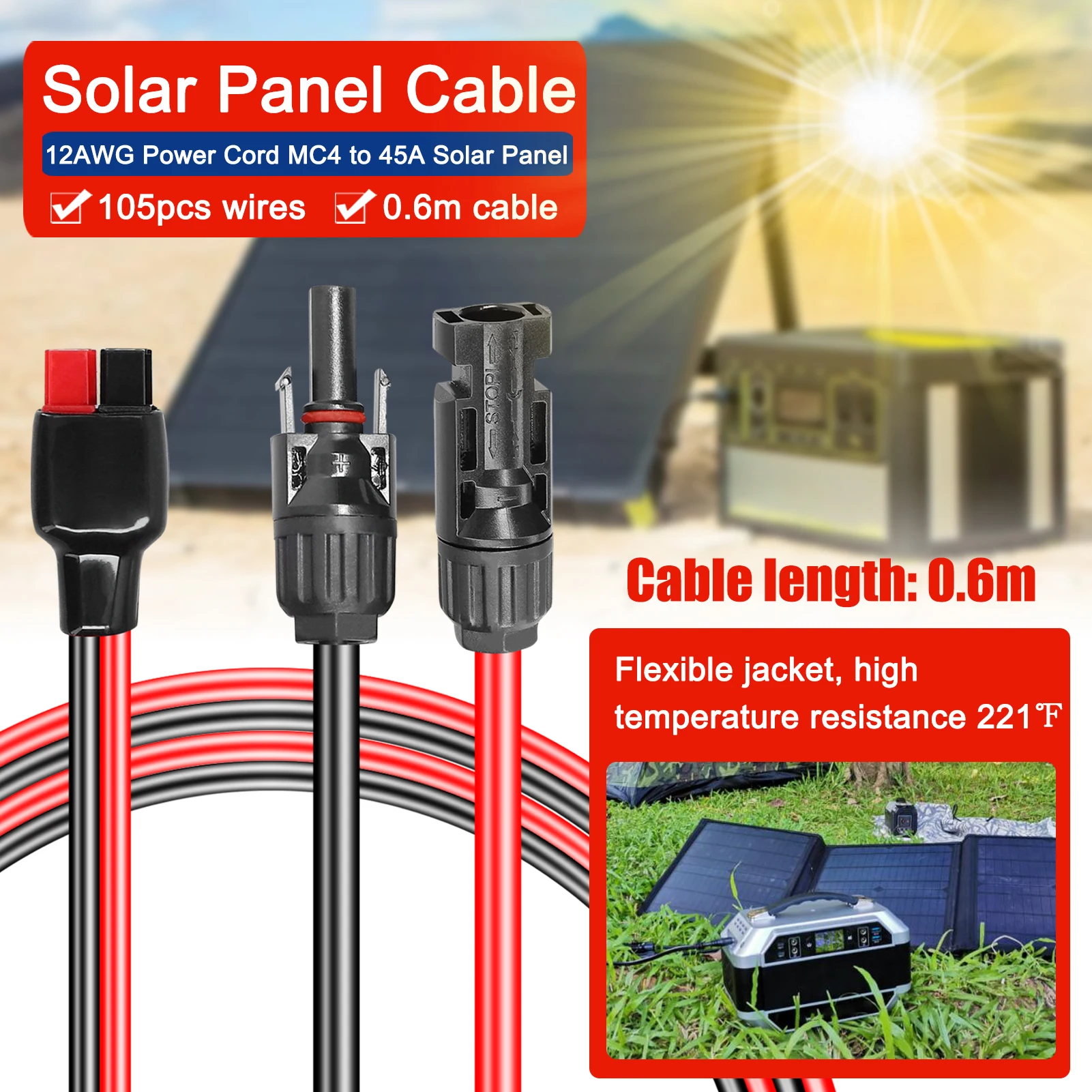 Solar Panel Cable Connector 12AWG Power Cord MC 4 to 45A Solar Panel ...