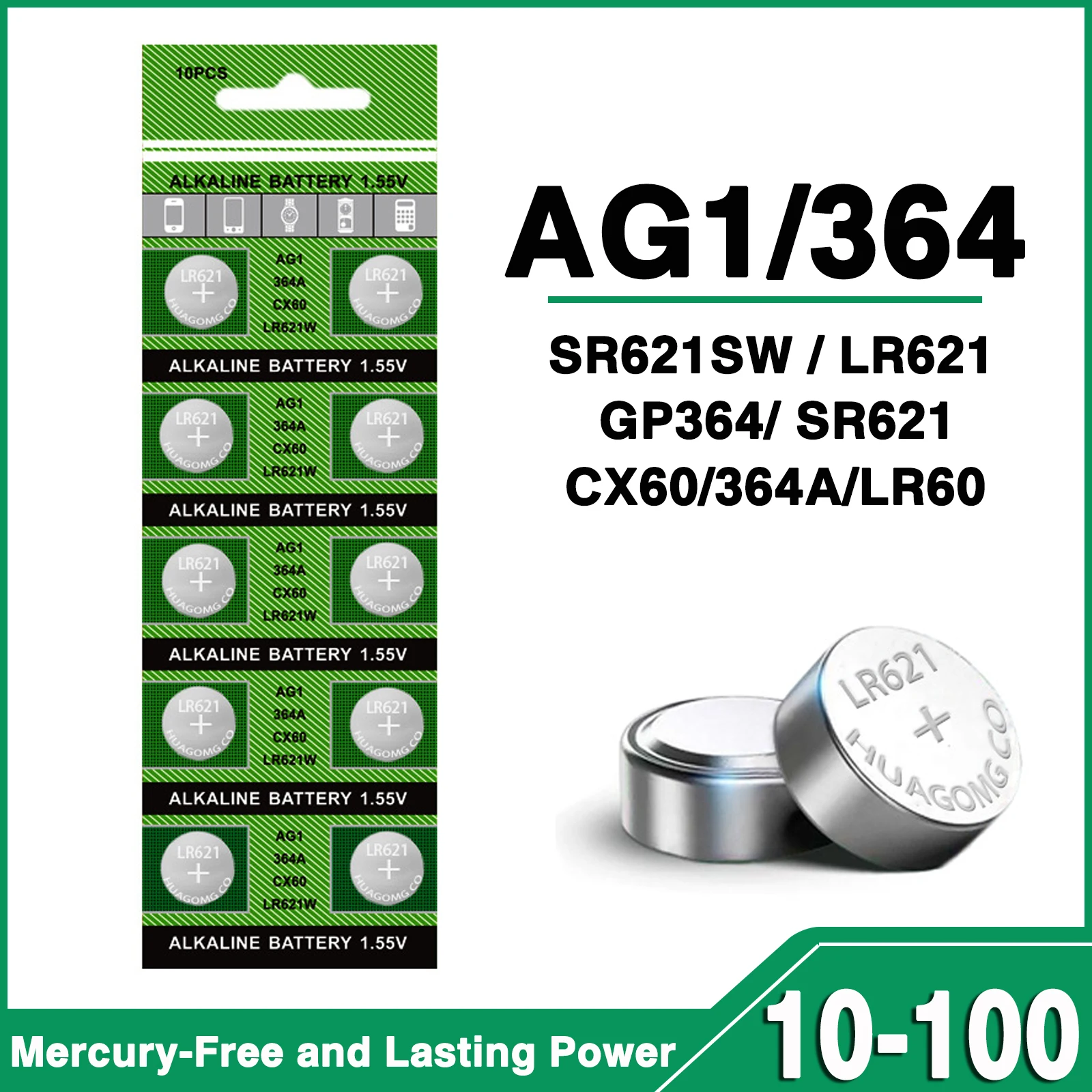 10-100PCS-High-Capacity-AG1-364A-LR60-SR60-LR621-SR621-SR621SW-364-164 ...