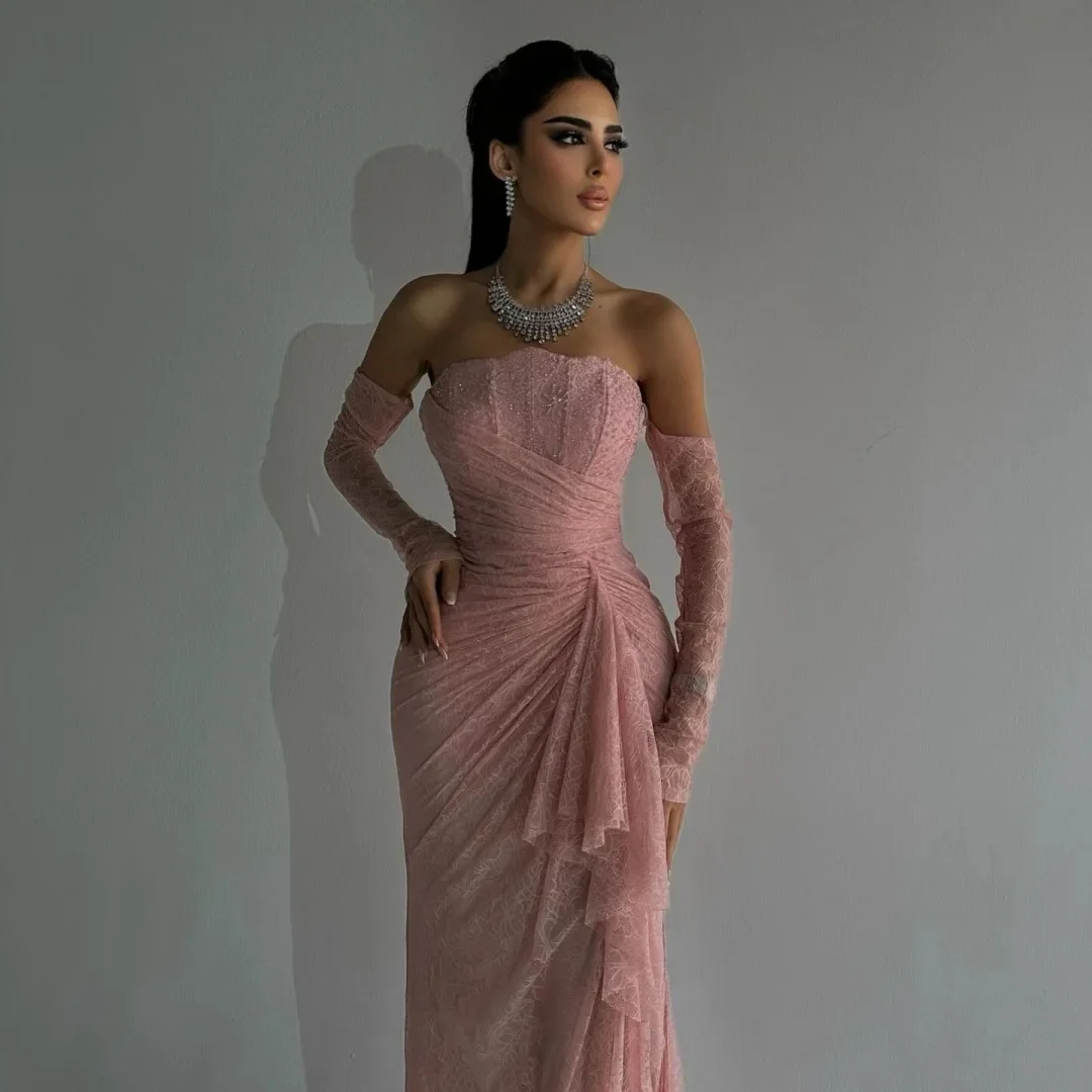 Side Slit Strapless Backless Party Dresses Pink Beading Sleeves Lace ...