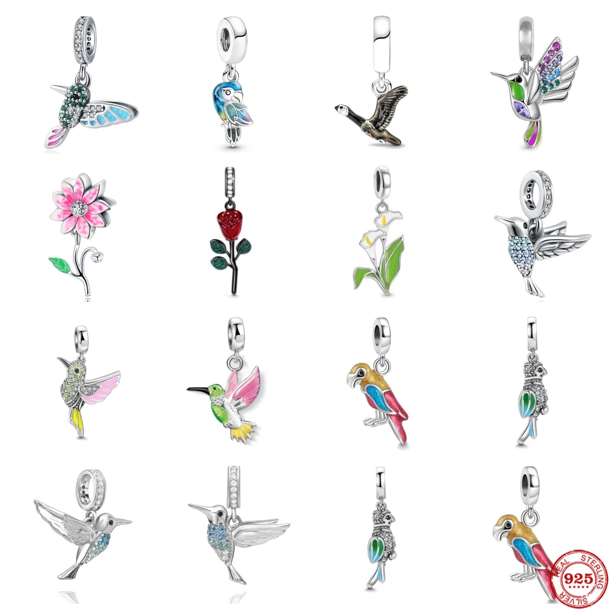 Colgante de plata de ley 925 con diseño de colibrí, loro, lirio ...