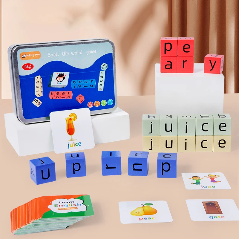 Spell The Word Game, Wooden Reading Building Blocks with 54 Cards ...