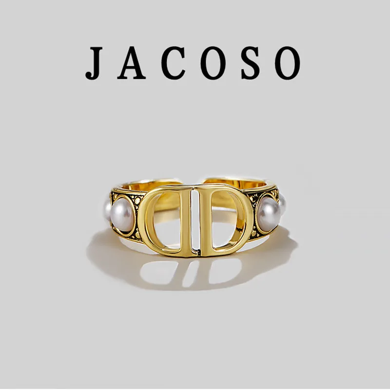 Jacoso-Double-D-Letter-Ring-Bronze-Opening-Adjustable-Pearls-Rings-High ...