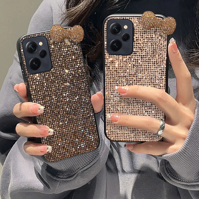Shiny Gold 3D Faux Diamond Bowknot Grid Phone Case For Xiaomi Poco X3 ...
