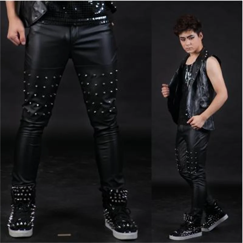 Black fashion rivet leather pants men hip hop 1 pants man singer stage ...