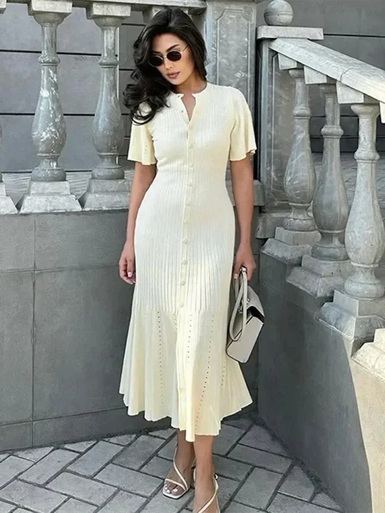 Elegant Solid Knitted Long Dress For Women Fashion O Neck Short Sleeve ...