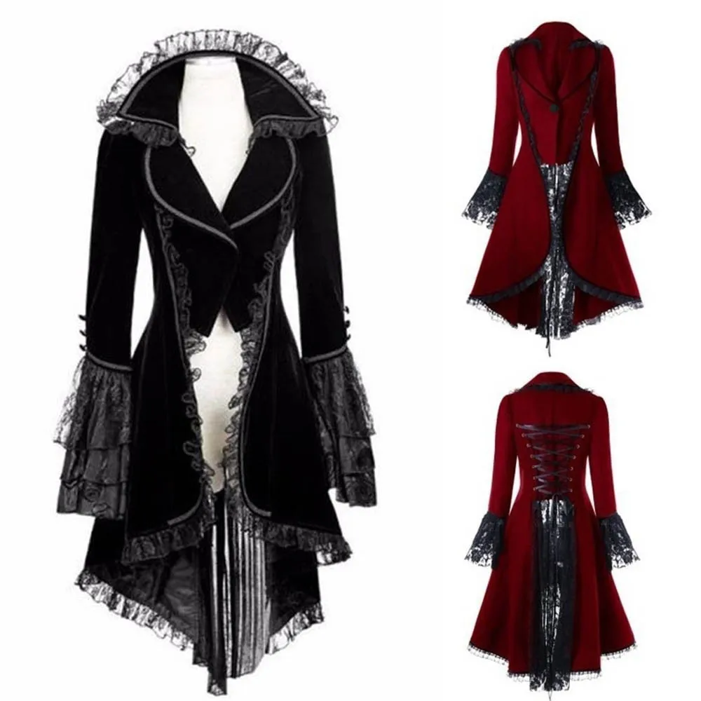 Women-Lace-Trim-Lace-up-High-Low-Coat-Black-Steampunk-Victorian-Style ...