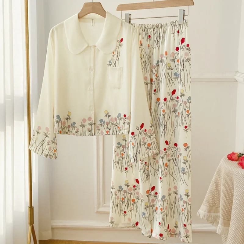 Female-2PCS-Pajamas-Set-Spring-Summer-Print-Flower-Sleepwear-Long ...