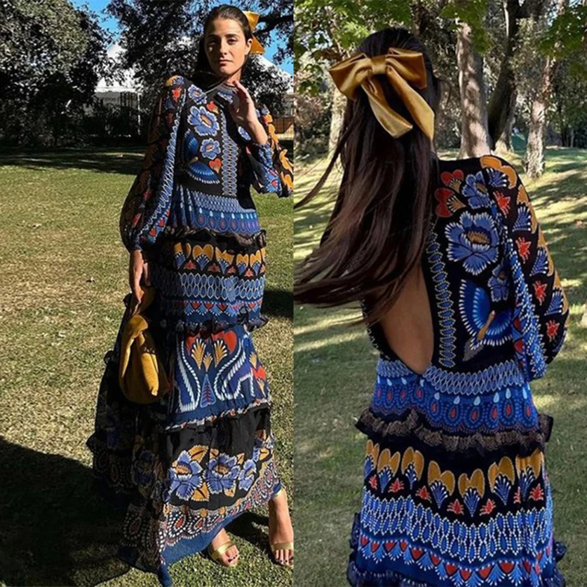 Vintage-Print-Dress-Women-Elegant-Fashion-Long-Sleeves-Soft-Chic-Robe ...