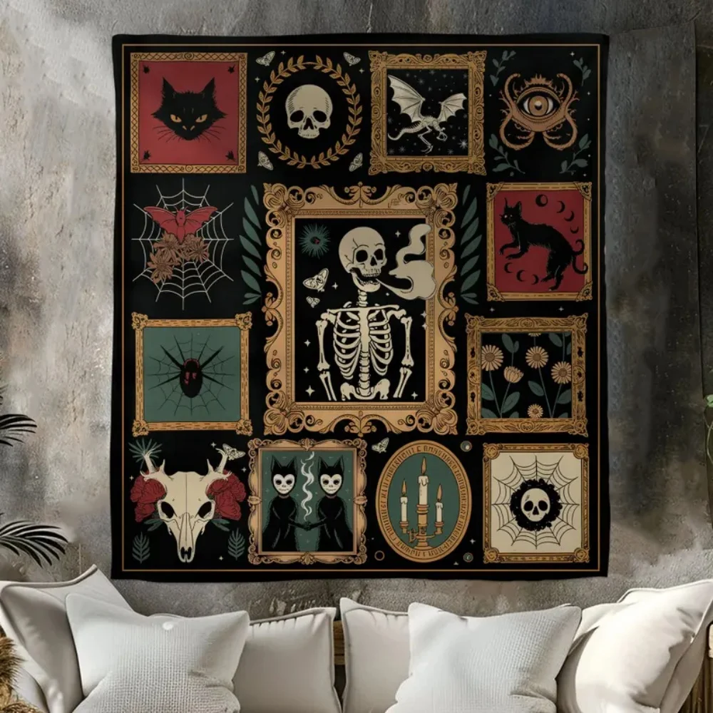 Tapiz vintage de Halloween con temática de brujas, esqueleto gótico ...