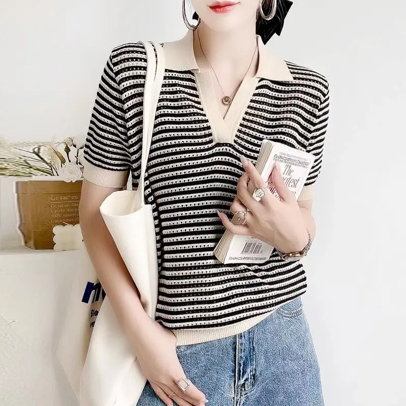Summer V-Neck Women's Turn-down Collar Striped Screw Thread Pullover ...