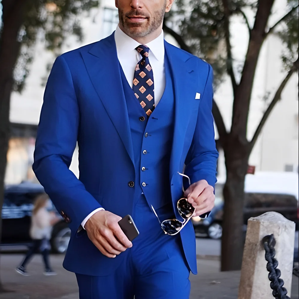 Royal Blue Formal Men's Suit 3 Piece Set Slim Fit Jacket Pants Vest ...