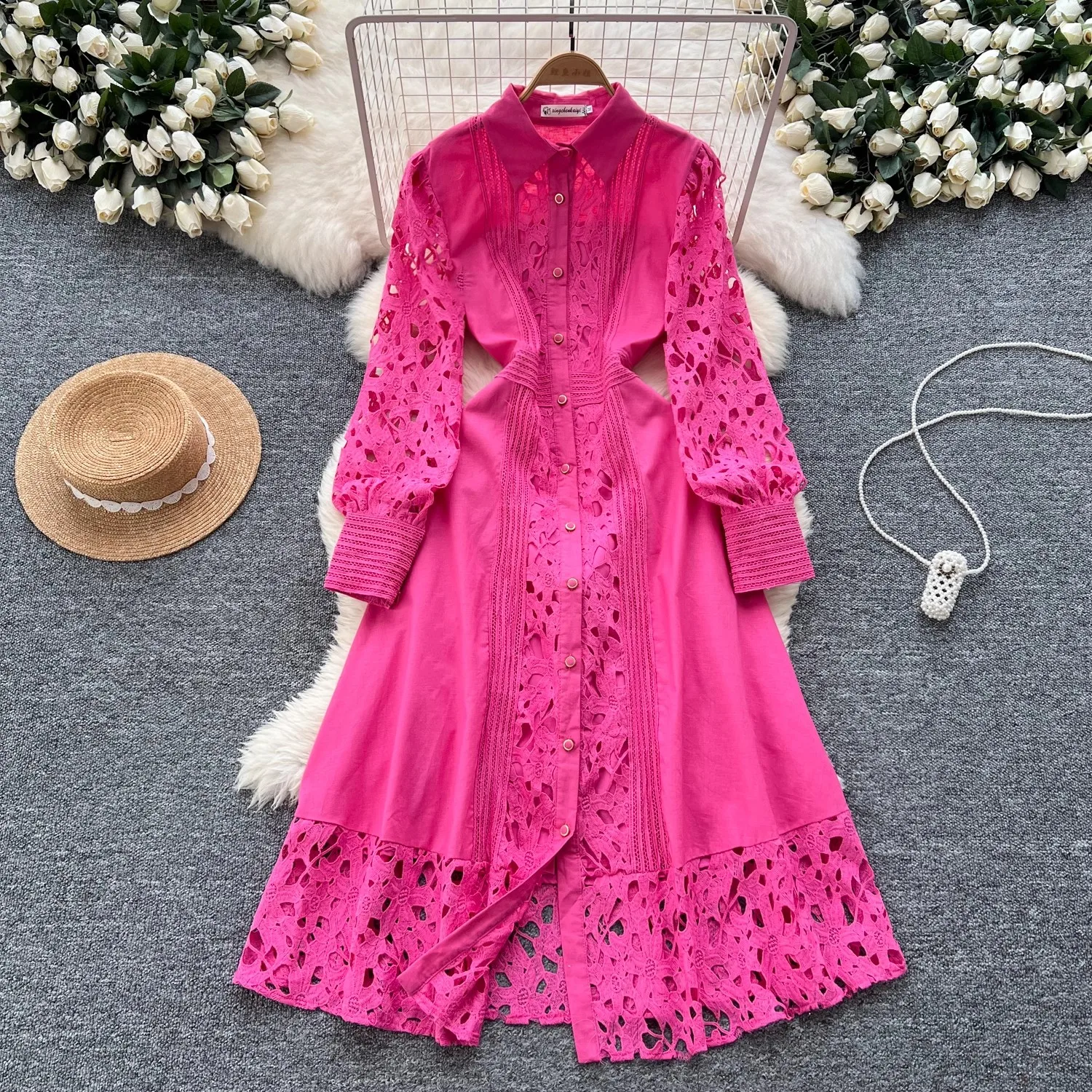 French Elegant Crochet Lace Embroidery Spliced Hollow Out Shirt Dress ...