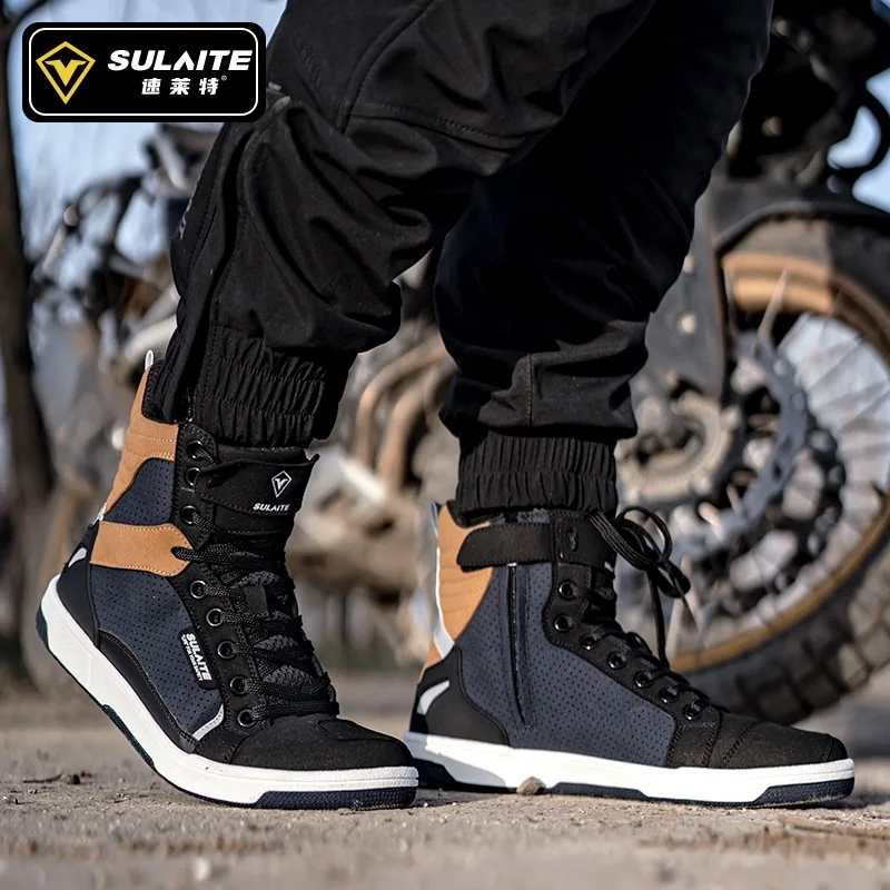 Sulaite Men Motorcycle Boots Microfiber Motocross Shoes All Season Anti ...