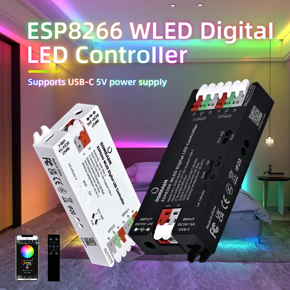 DOMRAEM ESP8266 WLED Addressable LED Strip Controller USB-C5V/5A DC5 ...