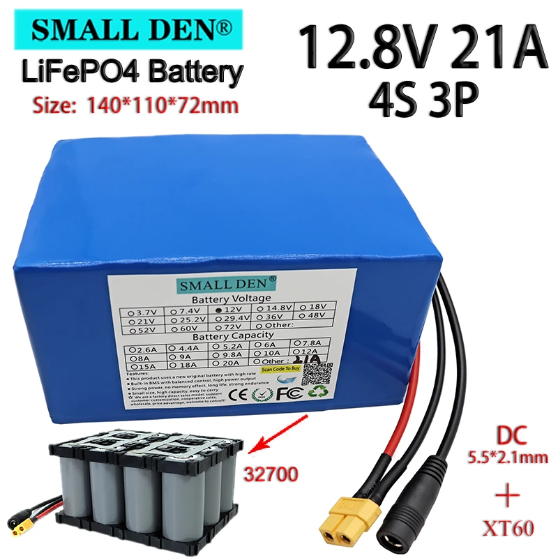 12.8V 21A Lifepo4 battery pack 4S3P 32700 built in 40A same port charge ...