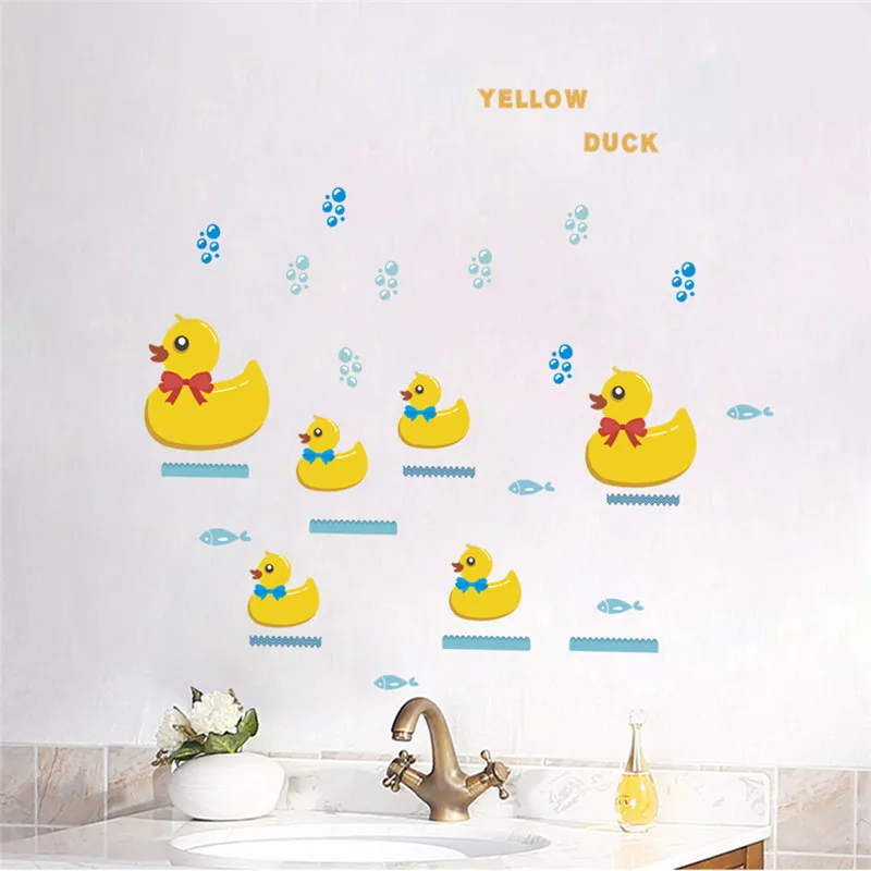 Cute Yellow Ducks Fish Swimming Wall Stickers For Kids Room Bathroom ...