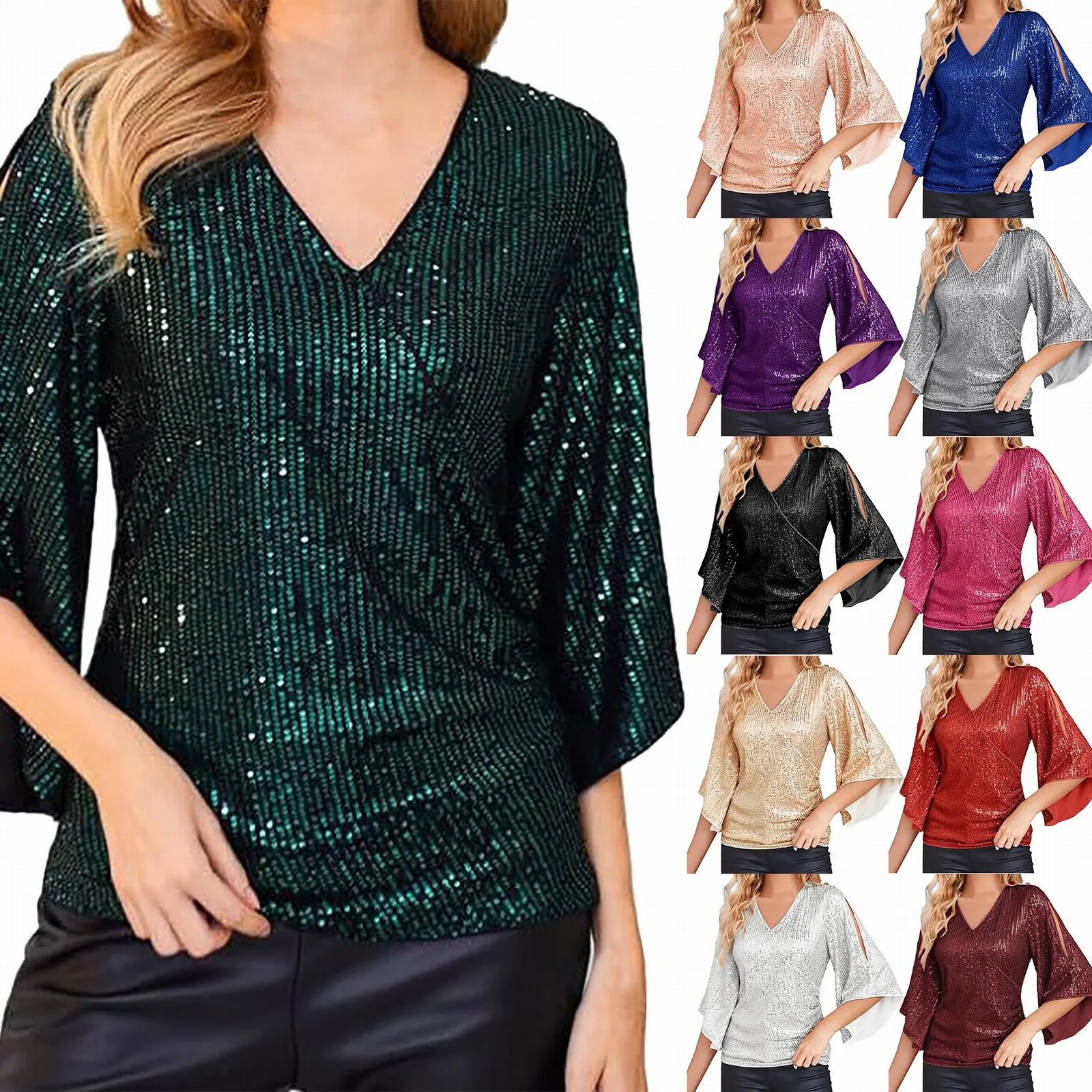 Womens-Sequin-Tops-3-4-Sleeve-Glitter-Sparkly-Party-Blouse-V-Neck ...