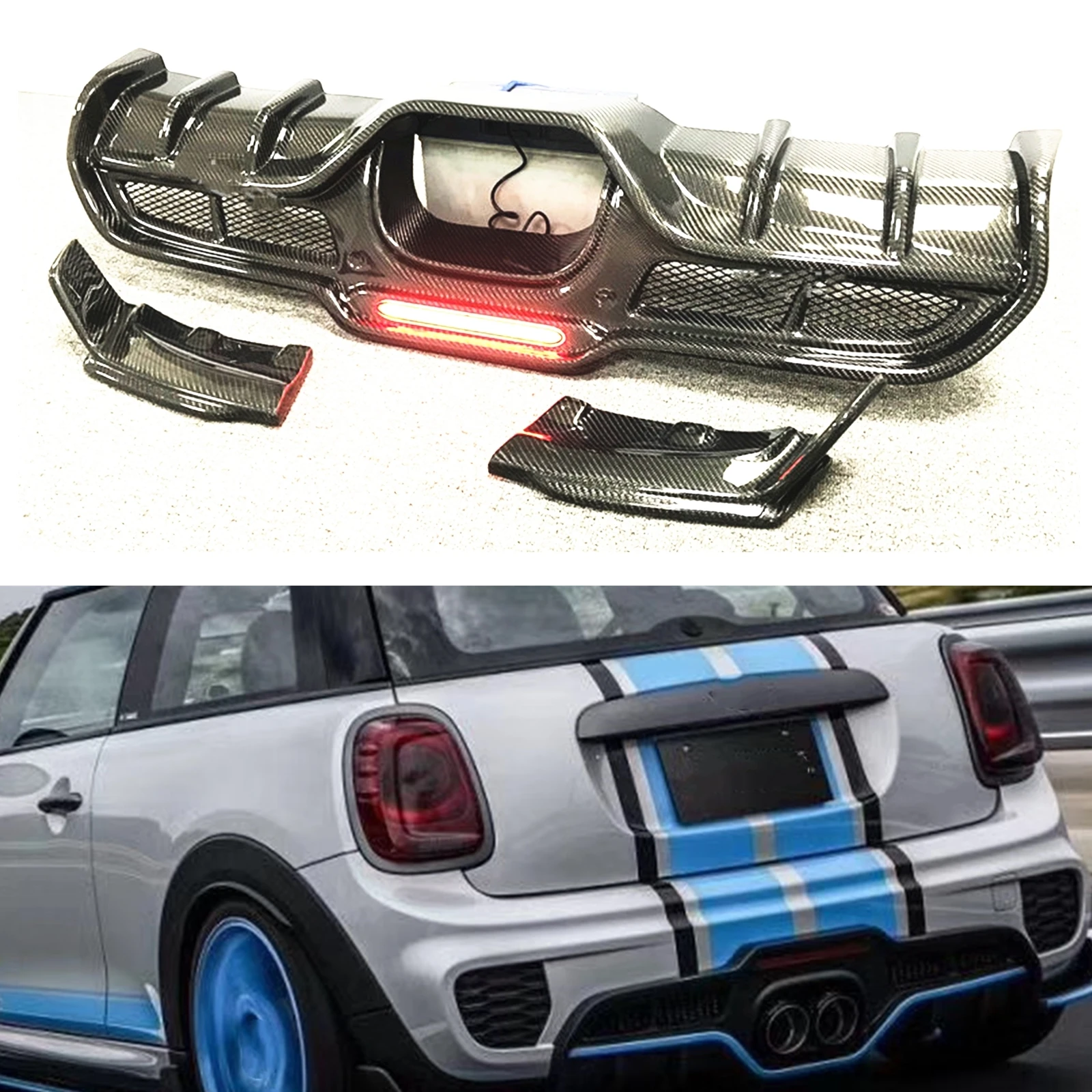 Carbon-Fiber-Rear-Bumper-Lip-Boot-Spoiler-Splitter-Diffuser-With-Light ...