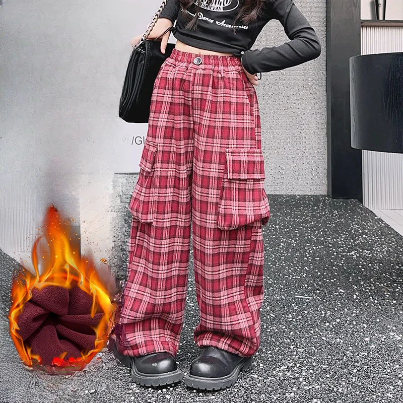 Winter-Girls-Cargo-Pants-Fleece-Thick-Warm-Plaid-Sweatpants-for-Kids ...