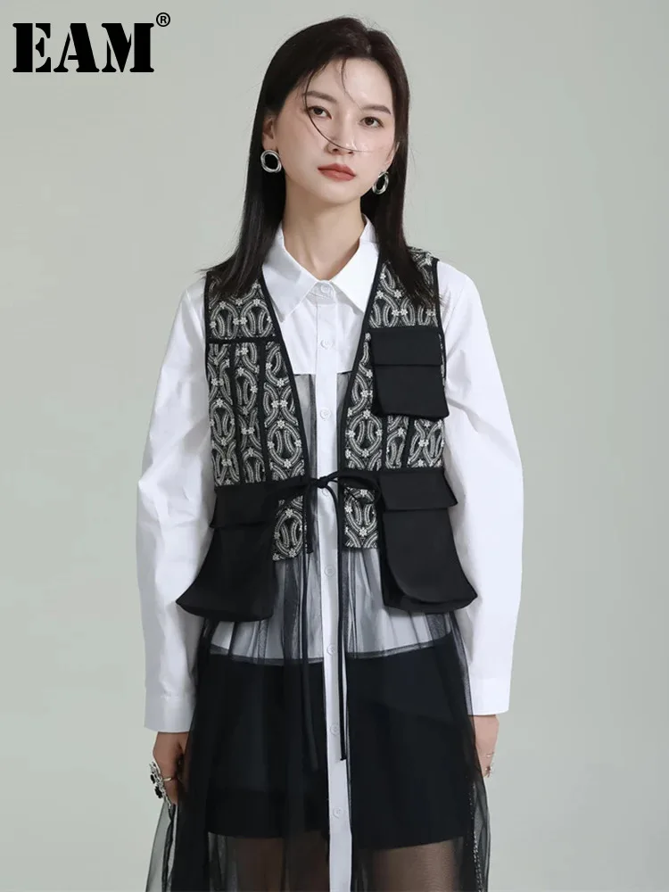 EAM-Women-Loose-Fit-Black-Pattern-Color-block-Pockets-Vest-New-V-collar ...