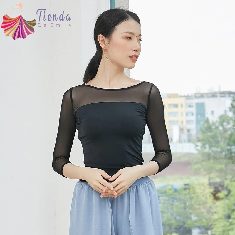 Women-Dance-Outfits-Top-Spliced-Gauze-Mesh-Middle-Sleeve-Shirt-Elegant ...