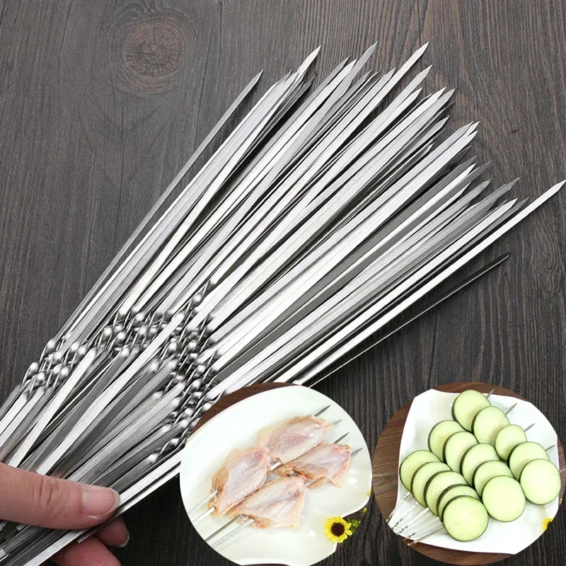 30/50/100pcs Stainless Steel BBQ Skewers 28.5cm Flat BBQ Stick Reusable ...