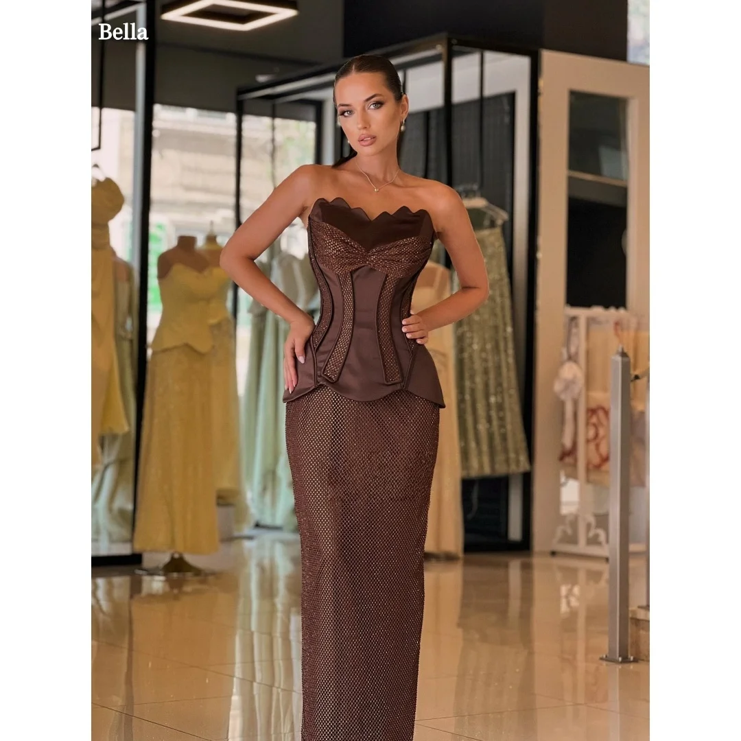 Bella Customized Brown Sequins Strapless Backless Sleeveless robes de ...