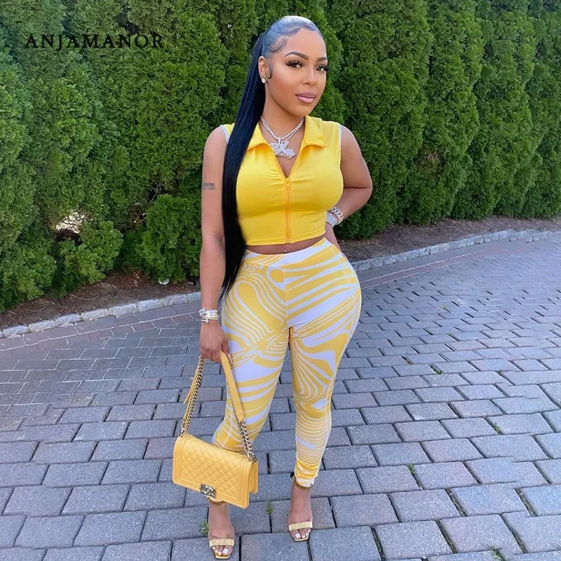 ANJAMANOR-Sexy-Zip-Up-Crop-Top-Pants-Sets-Fashion-Printed-Leggings ...