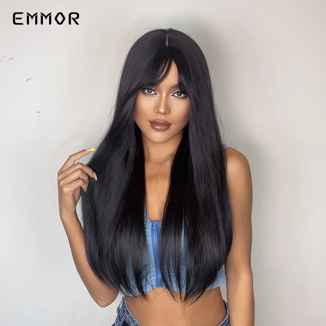 Dark Black Layered Synthetic Wigs With Bangs Long Natural