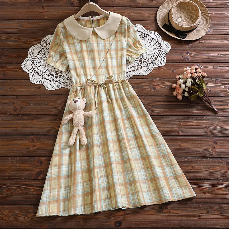 Preppy Style Summer Women Dress Peter Pan Collar Retro Plaid Femininos ...