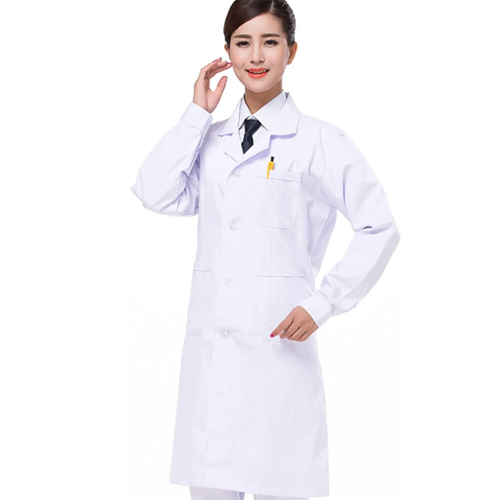 Solid Long Button Sleeves Lab Coat Uniform Unisex White Coat Healthcare