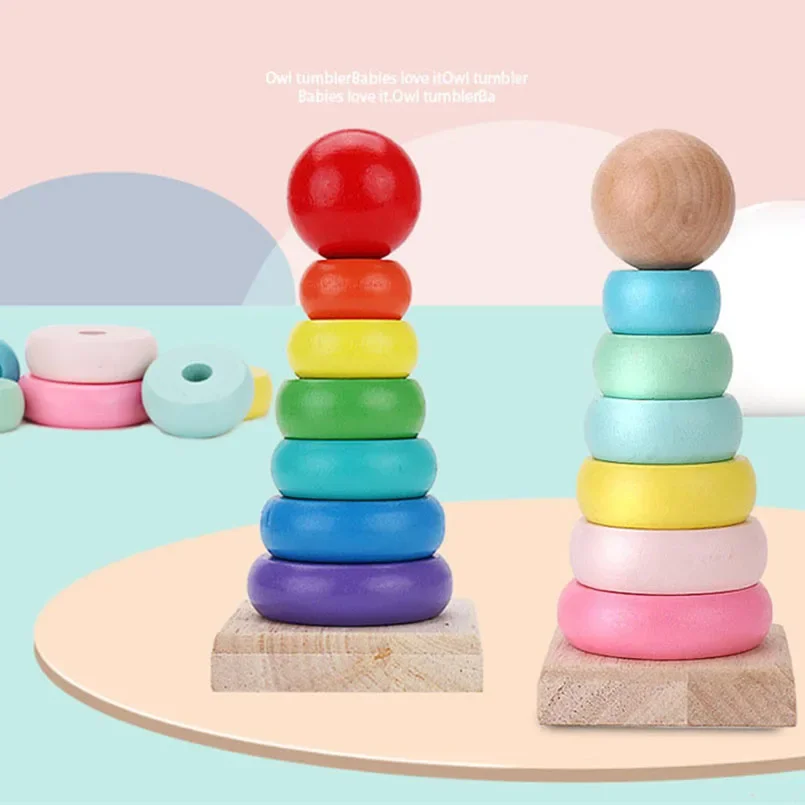 Rainbow-Stacker-Wooden-Ring-Educational-Toy-Kids-Tower-Stack-Up-Blocks ...