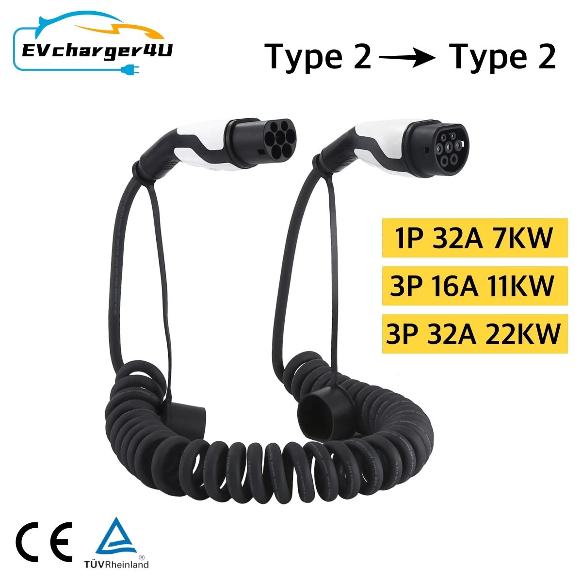 EVcharger4U 5M Type 2 to Type2 Spiral EV Charging Cable 1P/3P 16A/32A ...