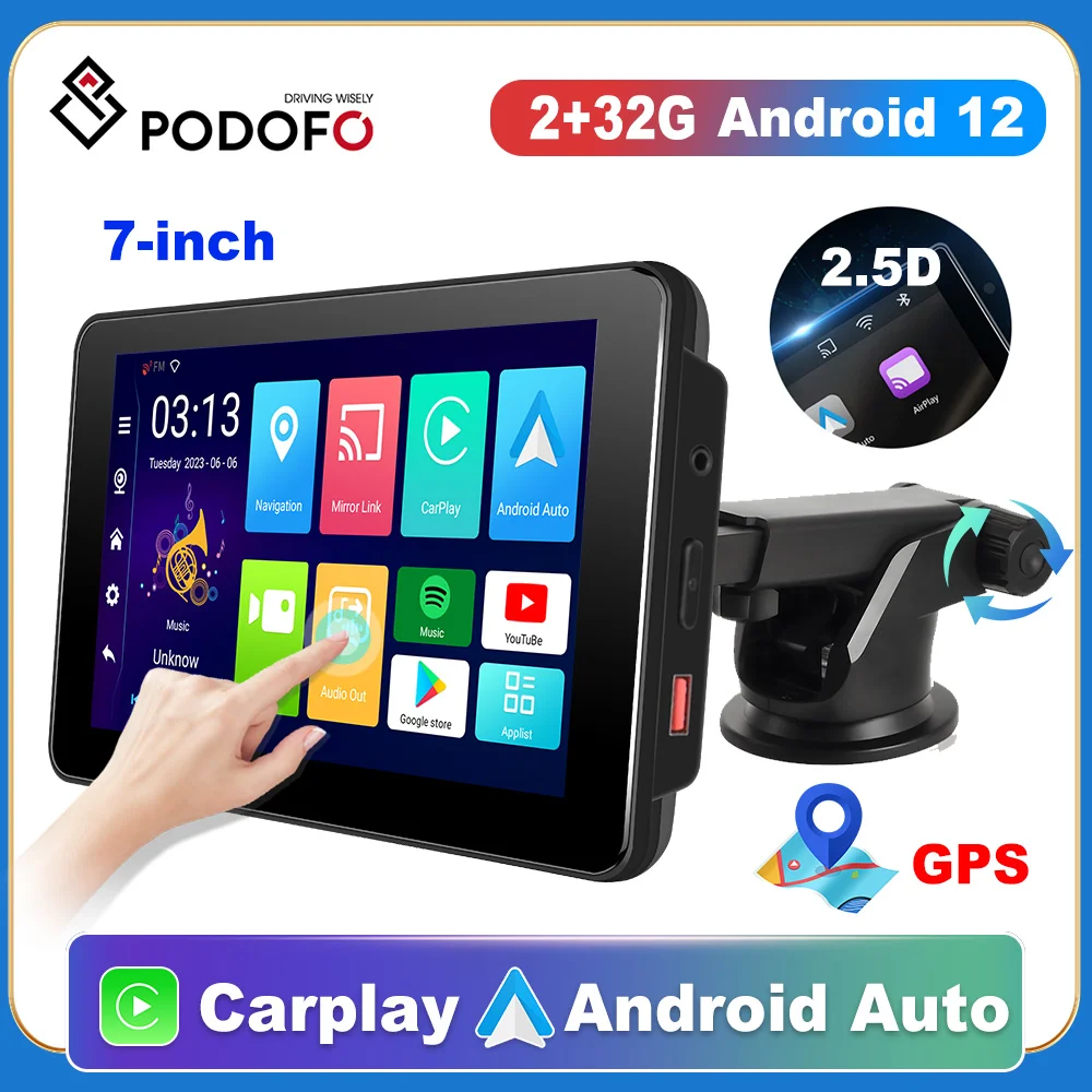 Podofo 7'' Dash Cam Rearview Camera Carplay & Android Auto DVR GPS ...