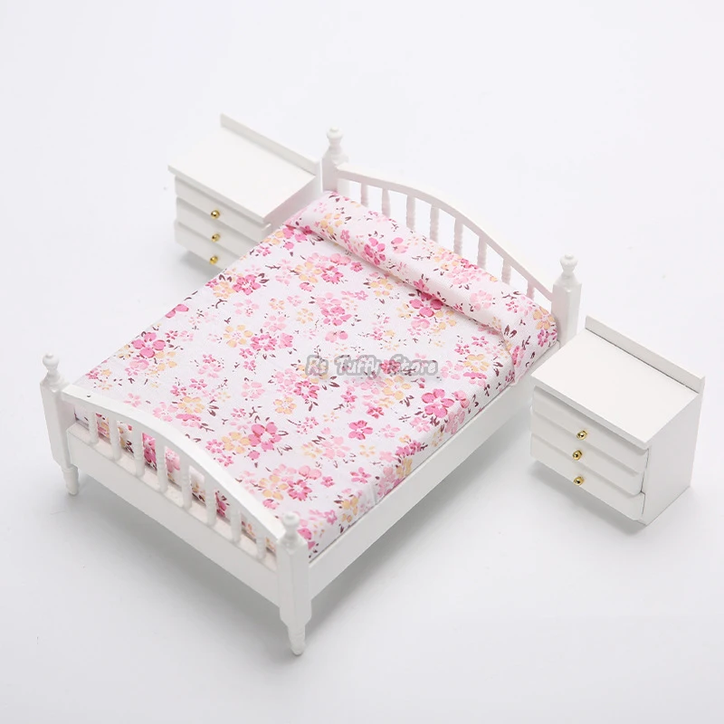 Dollhouse-1-12-White-Brown-Wood-Small-Floral-Doll-Bed-Bedside-Table-Set ...