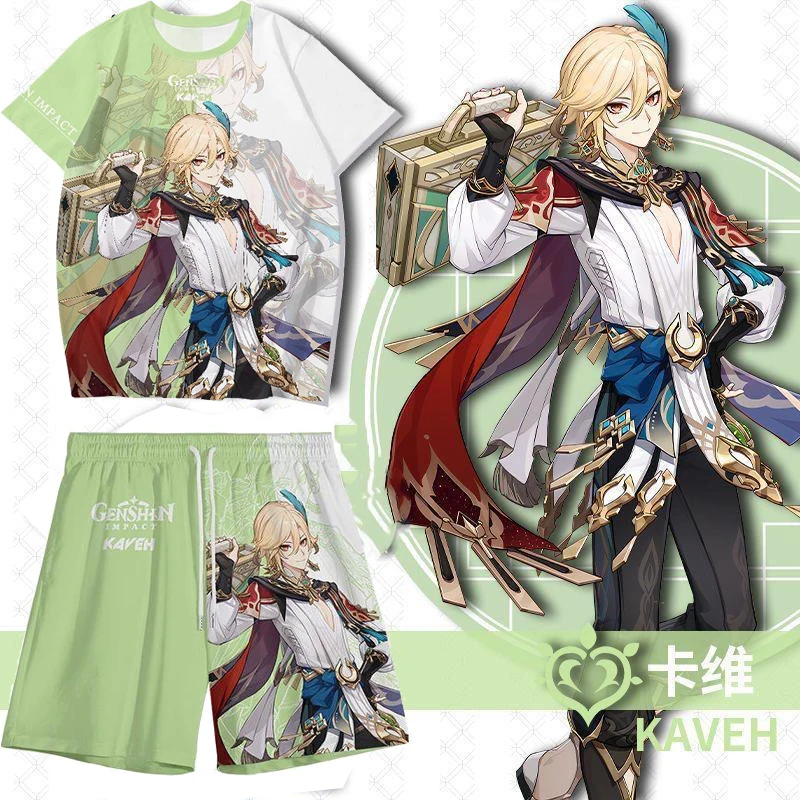 Anime Genshin Impact Kaveh Cosplay Costume T-Shirt and Shorts Clothes ...