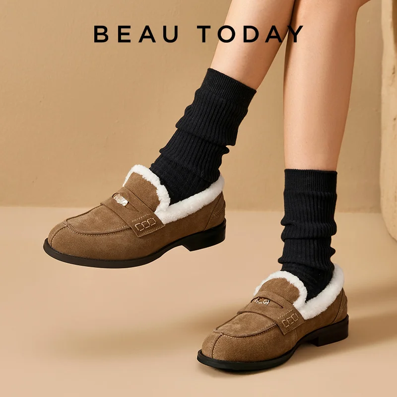 BEAUTODAY-mocasines-Penny-para-mujer-ante-vacuno-costura-forro-de-lana-de-cordero-zapatos-planos ...
