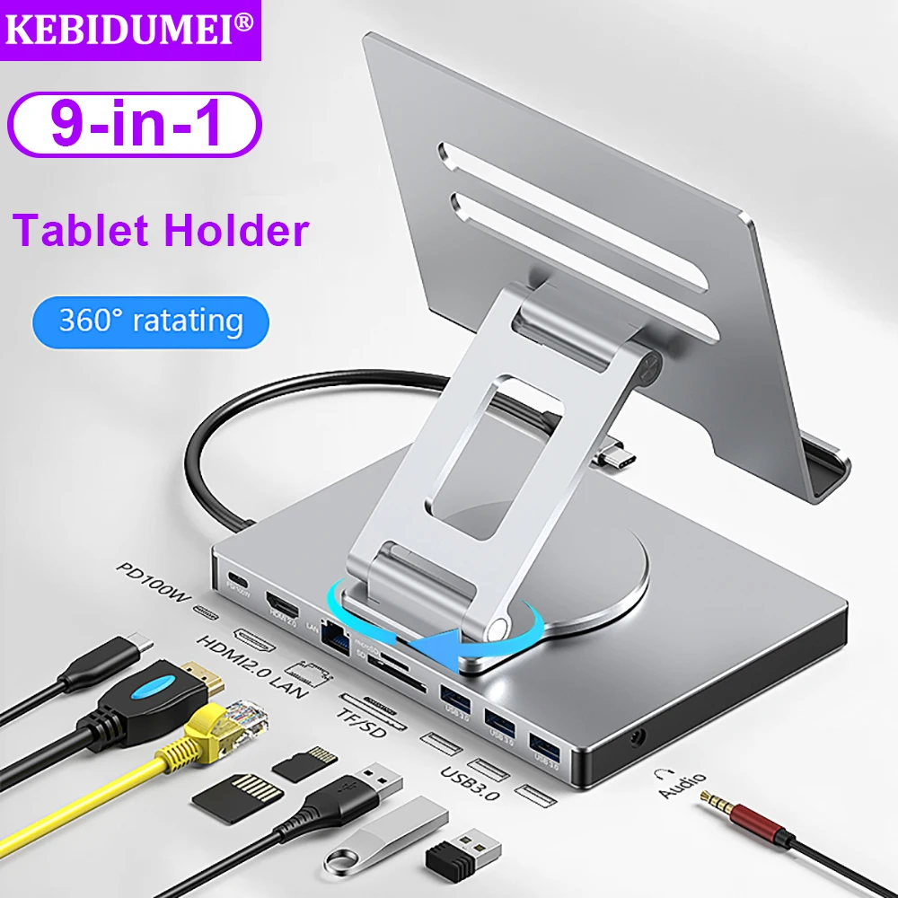 9-in-1 USB C HUB Tablet Holder Docking Station 4K60Hz HDMI 1000Mbps ...